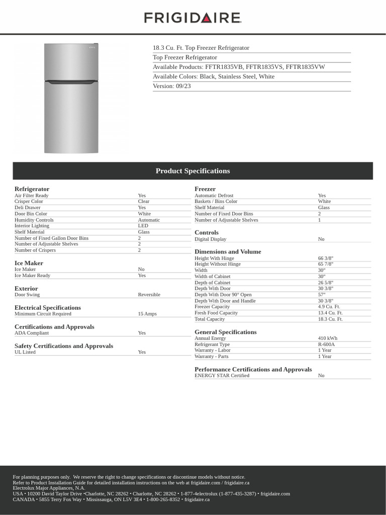 Frigidaire 18.3 Cu. Ft. Specs Guide | PDF | Refrigerator | Door