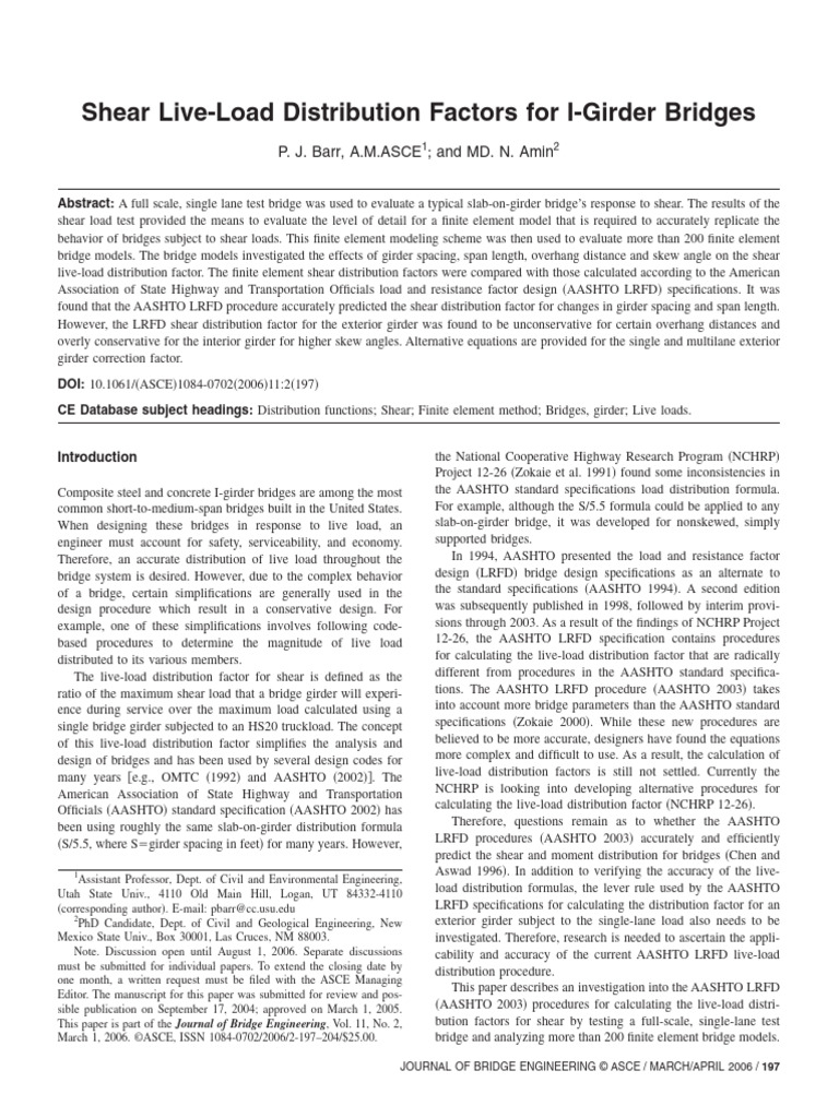 Barr2006, Shear Live-Load Distribution Factors For I-Girder Bridges ...