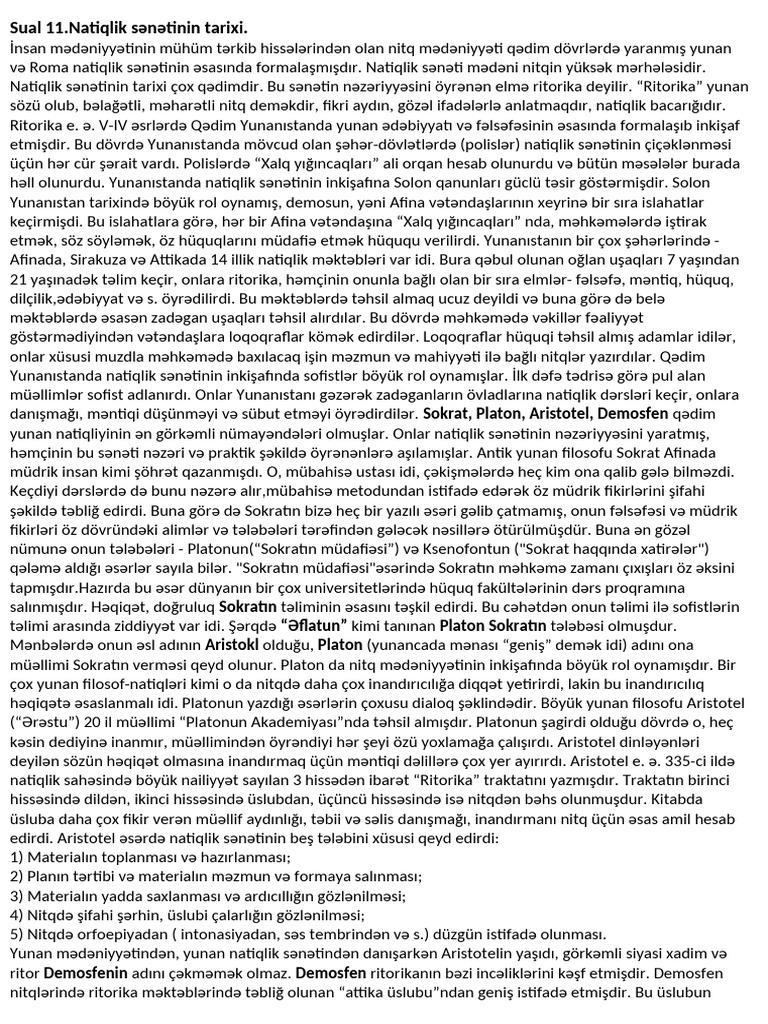 Sual 11.natiqlik Sənətinin Tarixi. | PDF