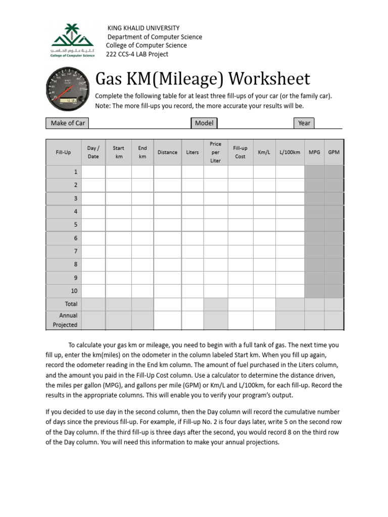 Gas KM (Mileage) Worksheet To Print | PDF
