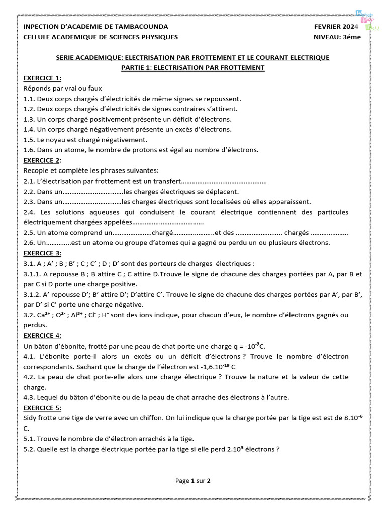 Exercices sur l'électrisation et courant | PDF | Courant électrique ...