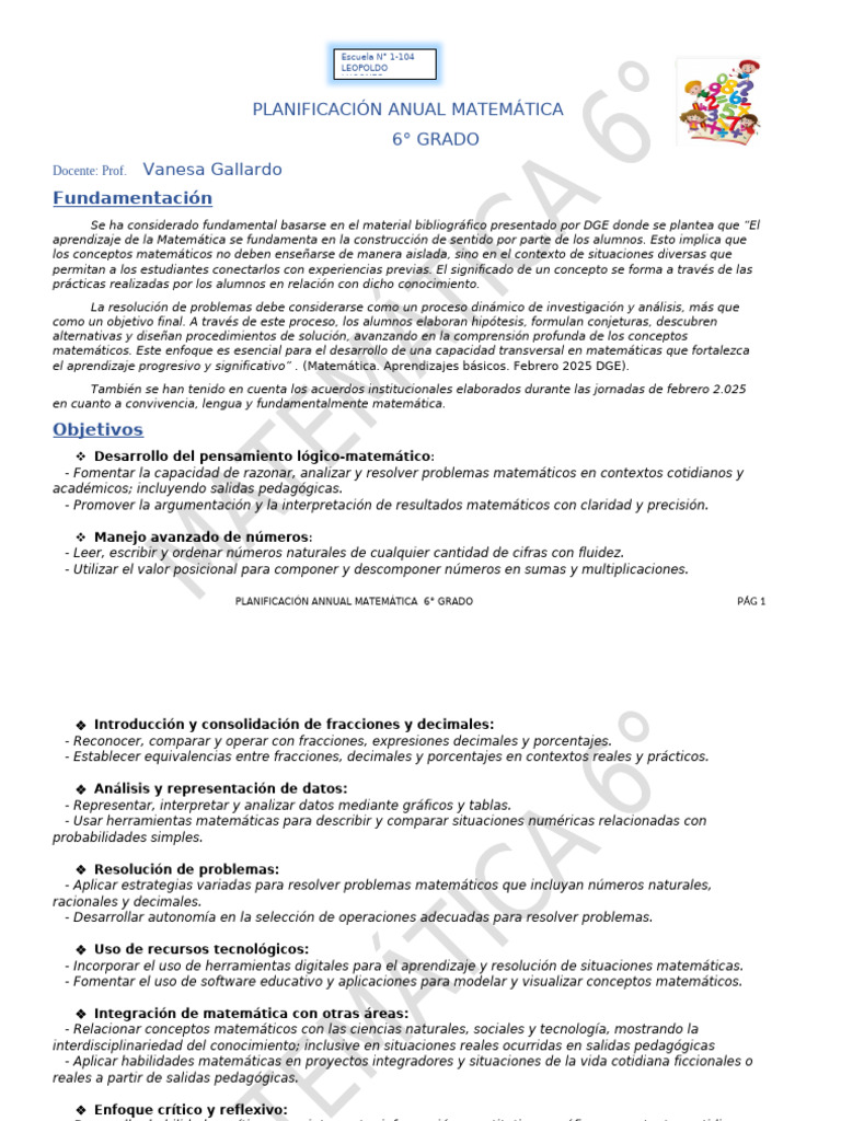 Planificación Anual Matemática 6to | PDF | Ángulo | Matemáticas