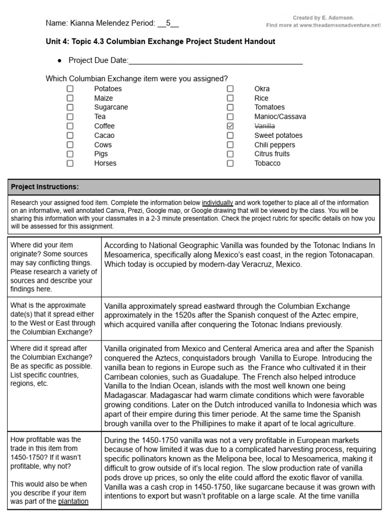 Kianna Melendez - Unit 4 - Columbian Exchange Project Student Handout ...