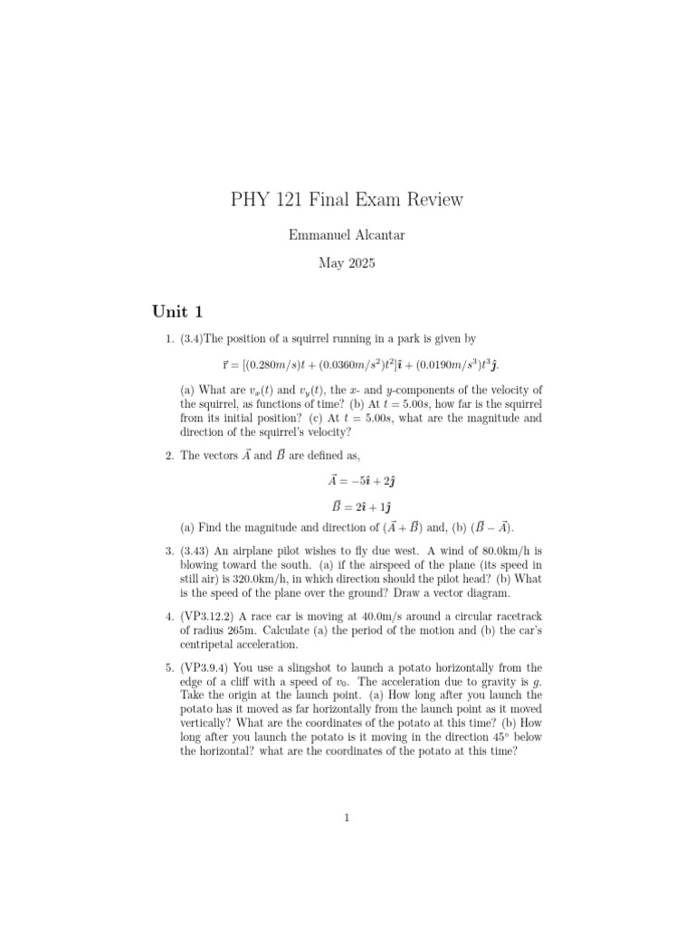 PHY 121 Final Exam Review | PDF | Metrology | Mechanics