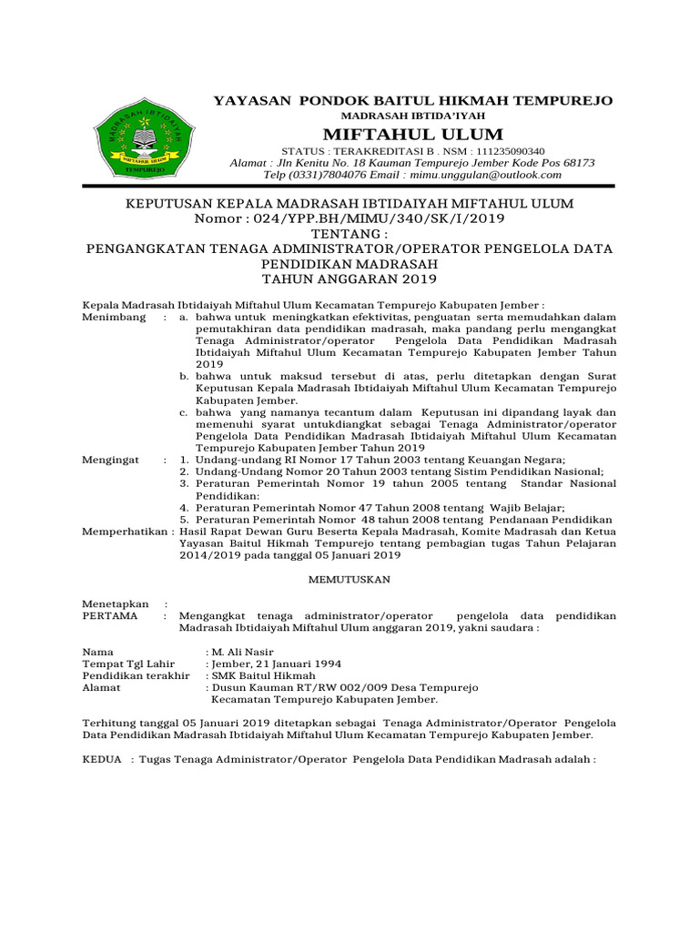 Contoh SK Operator EMIS | PDF