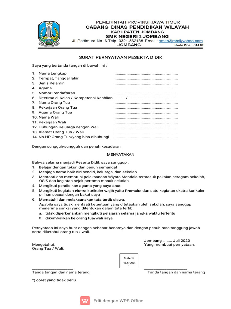Surat Prnyataan Siswa Dan Ortu 2020 2021 PDF | PDF