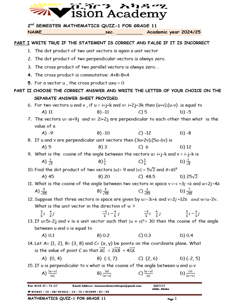 GRADE 11 QUIZ 1 | PDF | Euclidean Vector | Mathematical Objects