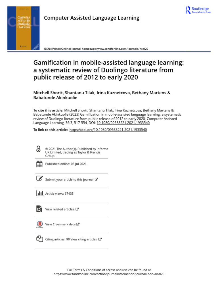 Gamification In Mobile Assisted Language Learning A Systematic Review Of Duolingo Literature