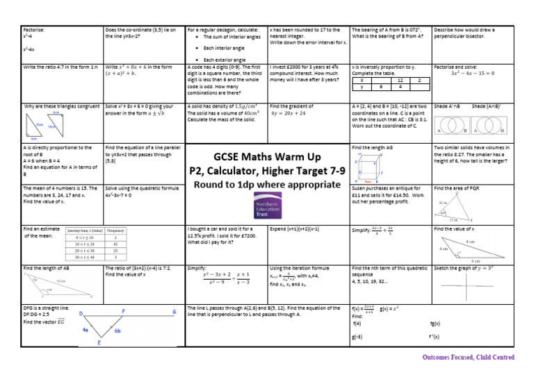 Calculator A3 Warm Up Grid Higher Target 7-9 Paper 2 | PDF | Quadratic ...