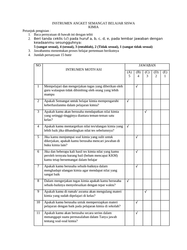 INSTRUMEN ANGKET SEMANGAT BELAJAR SISWA | PDF