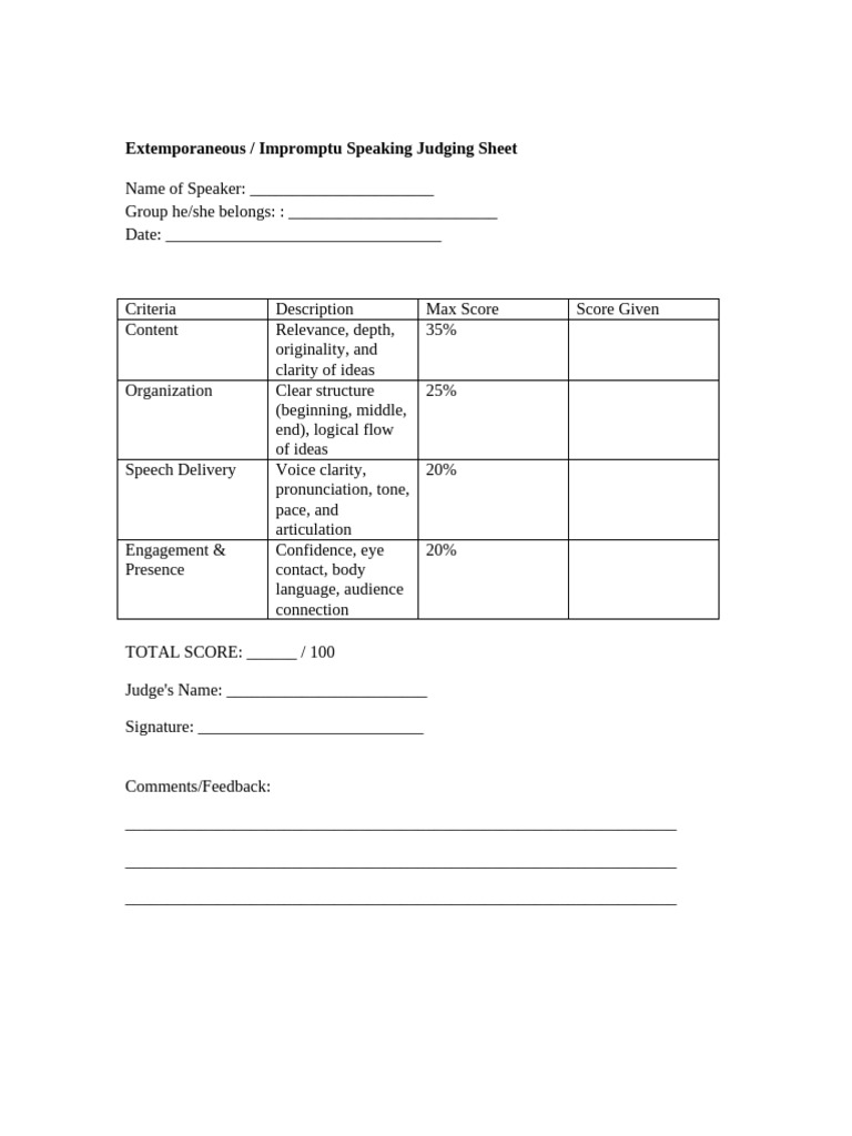 Judging Sheet Extemporaneous Impromptu | PDF