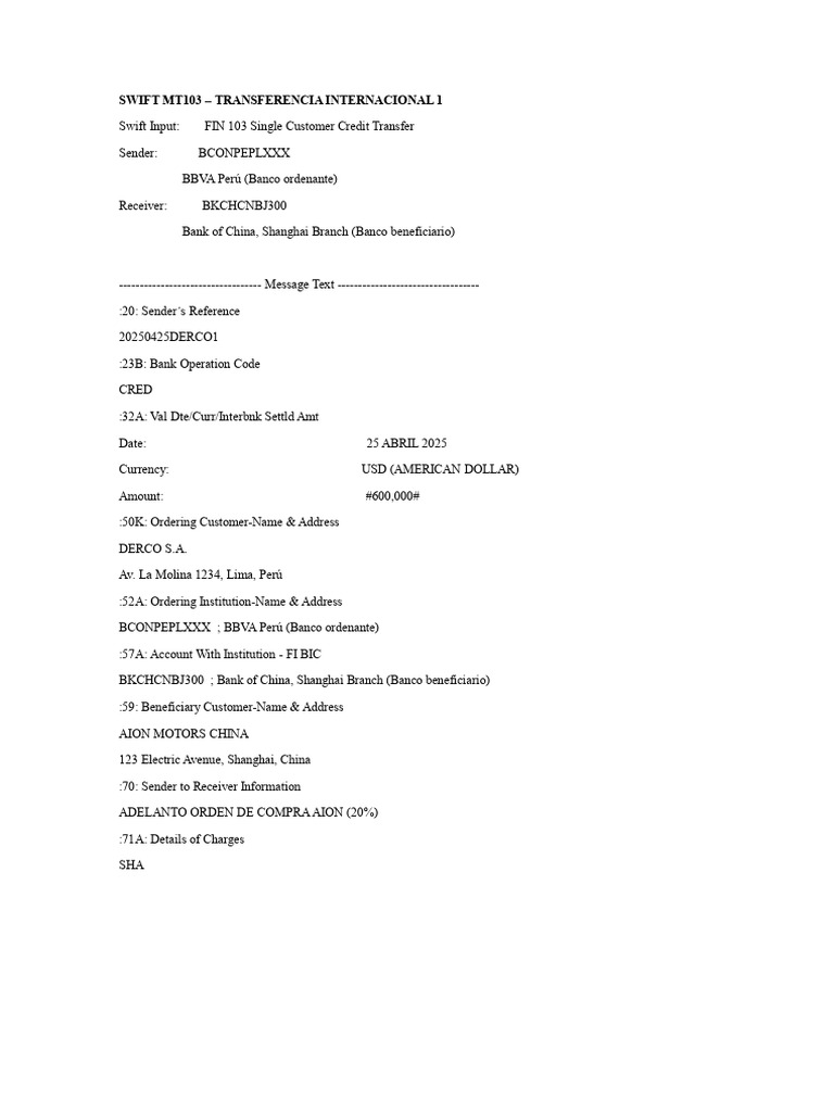 Swift - MT103 G2 | PDF