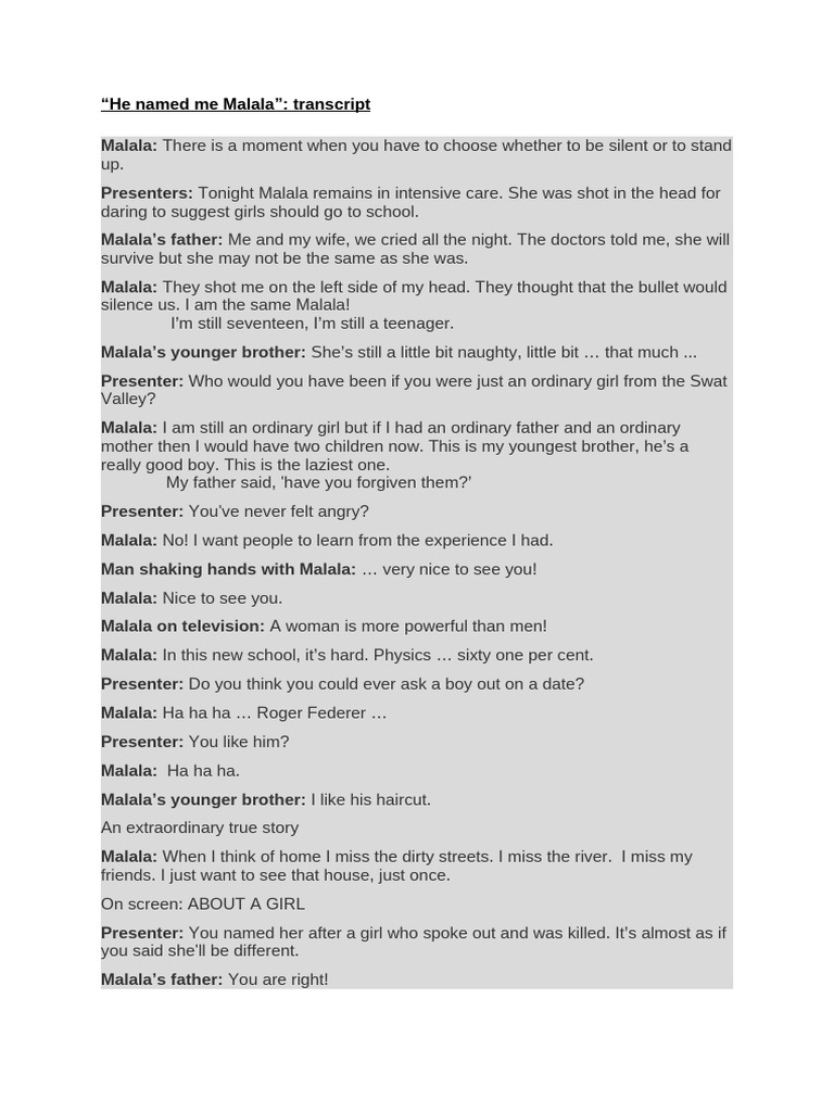 He Named Me Malala - Transcript, Vocabulary and Questionnaire | PDF ...