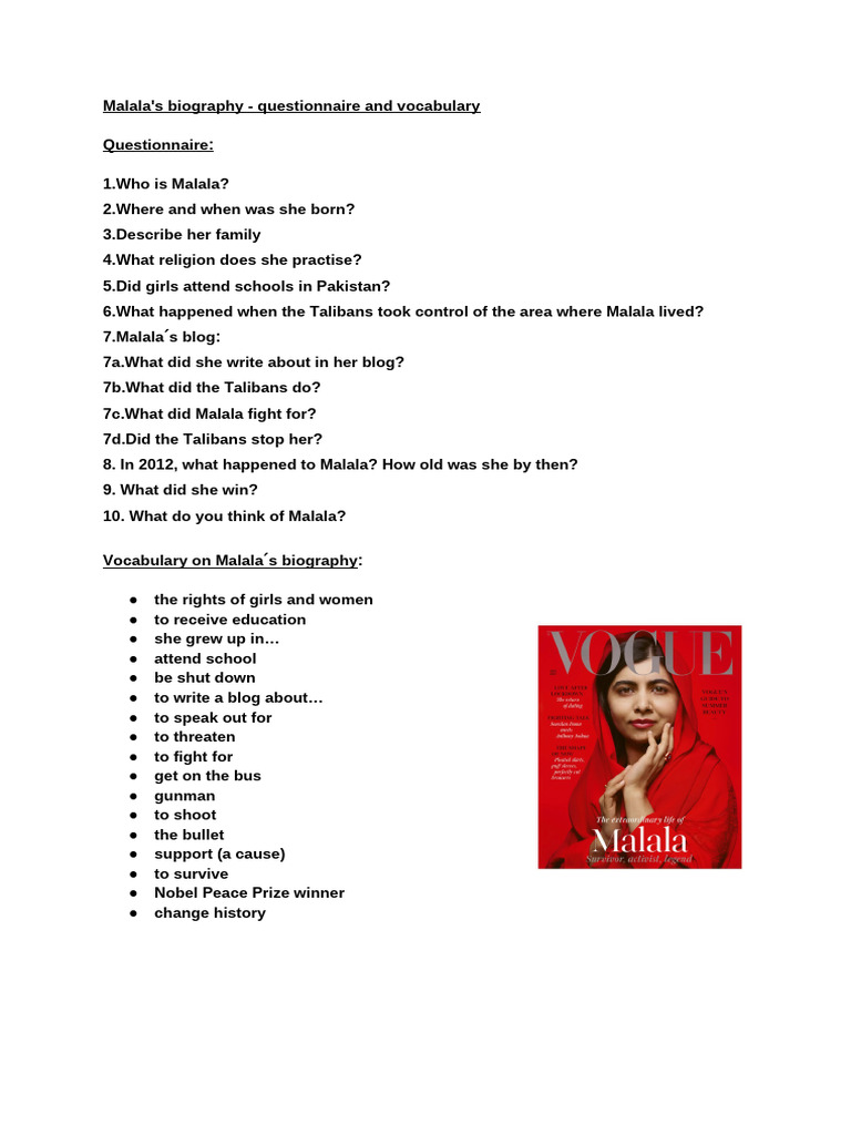 Malala Yousafzai: Biography & Questions | PDF