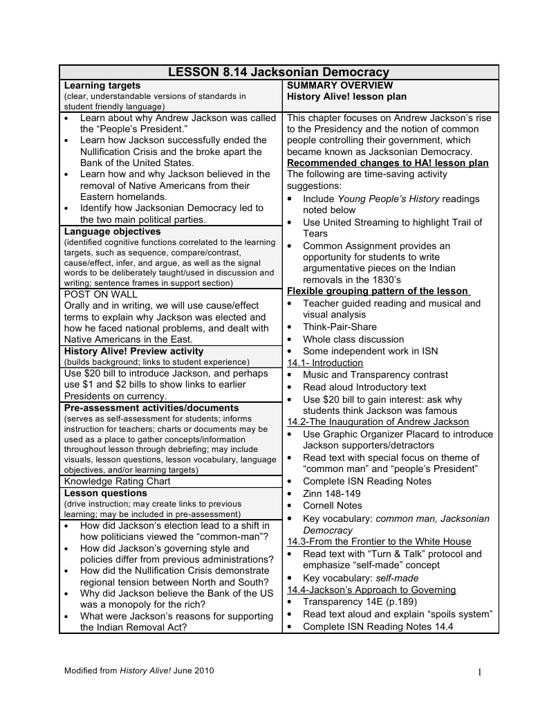 Lesson 8.14 Jackson Ian Democracy Revised | PDF | Native Americans In ...