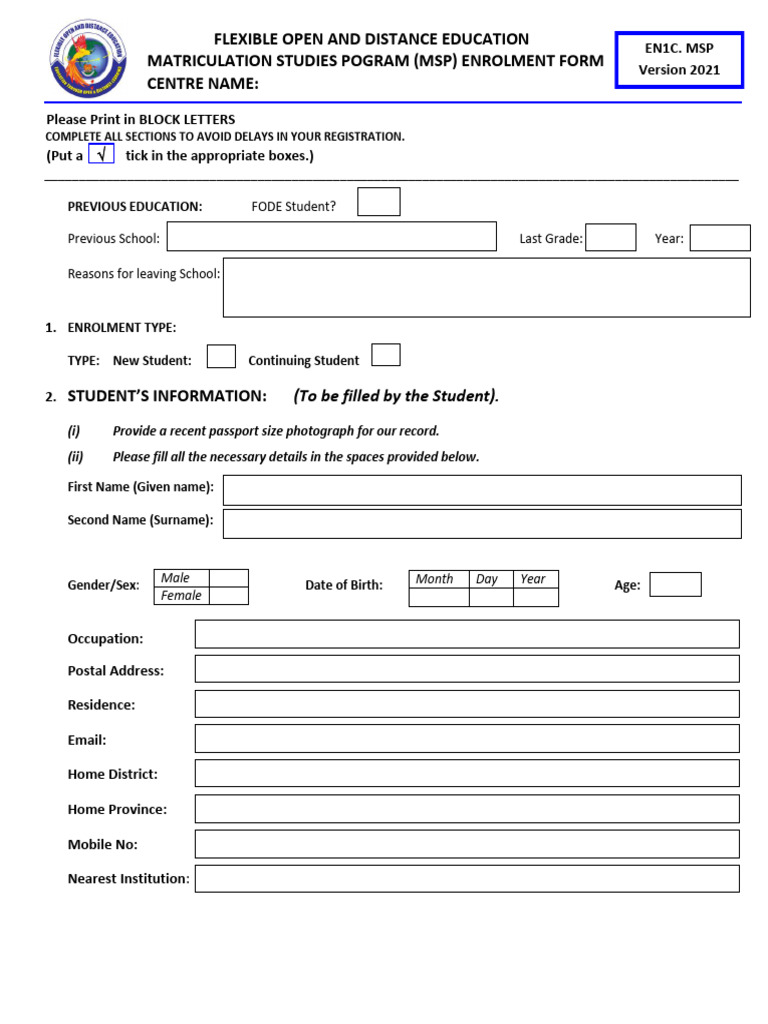 MSP Enrolment Form EN1 C. Gr-12 Ver 2021 | PDF