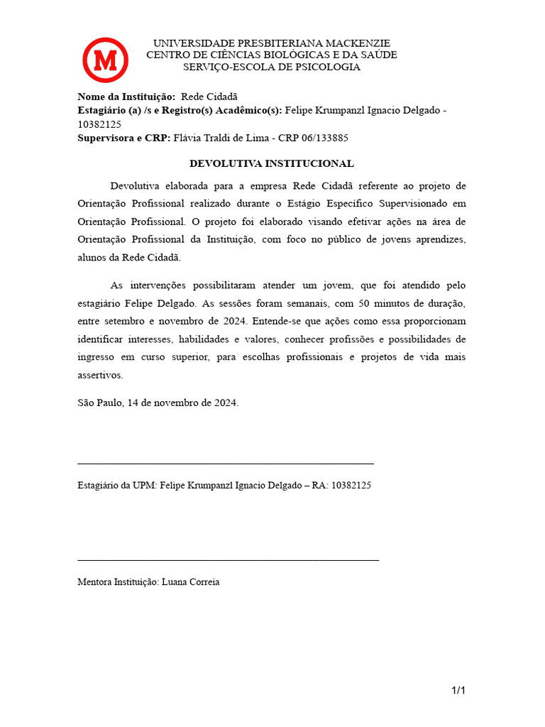 Devolutiva Institucional Felipe | PDF