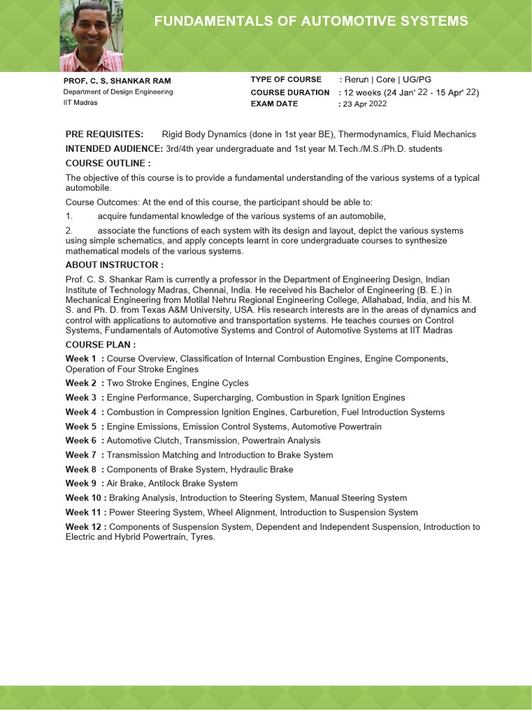 Fundamentals of Automotive Systems SYLLABUS ONLINE STUDY | PDF
