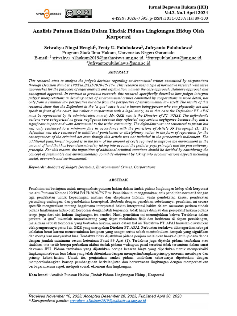 Analisis Putusan Hakim Dalam Tindak Pidana Lingkungan Hidup Oleh Korporasi | PDF