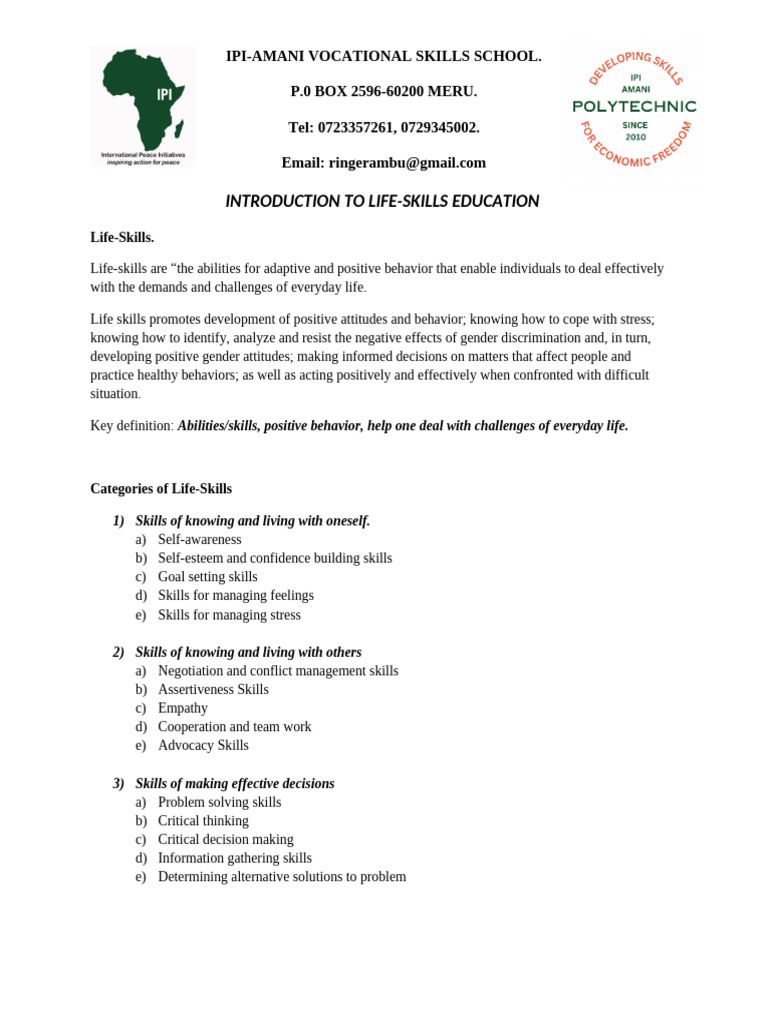 Life-Skills IPI Vocation Notes | PDF | Self Esteem | Emotions