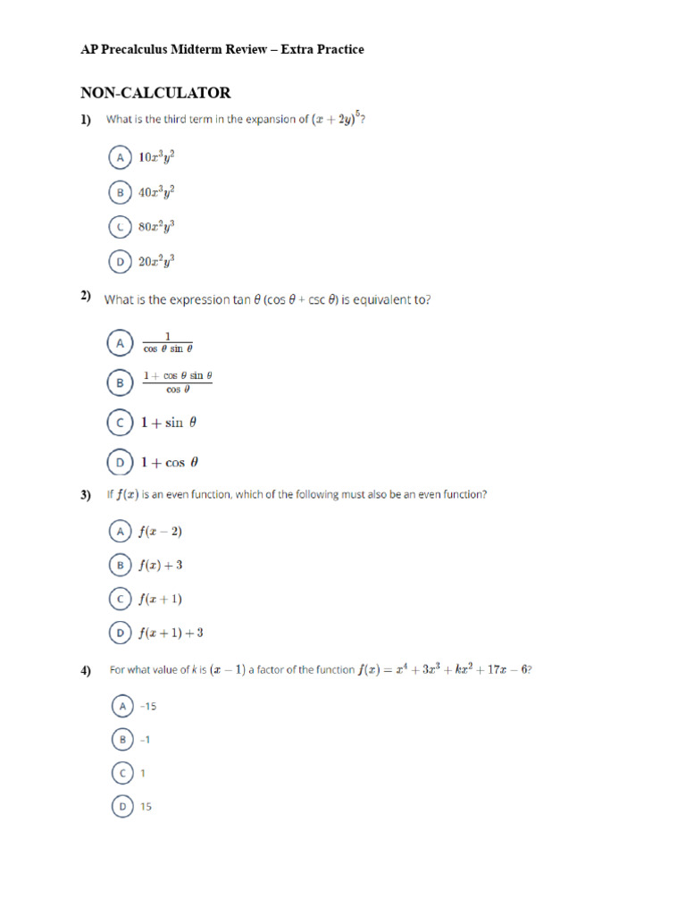 AP Precalculus Midterm Review Guide | PDF | Mathematical Analysis ...