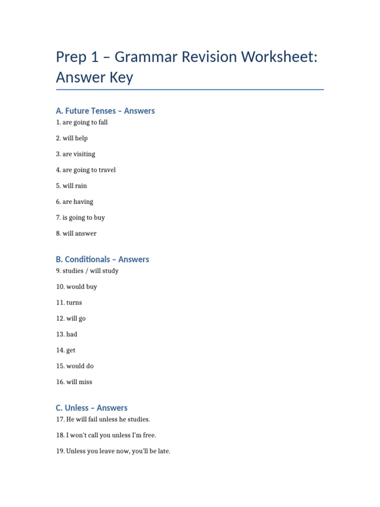 Grammar Revision Worksheet Answers | PDF