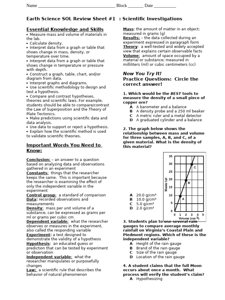 Earth Science SOL Review: Investigations | PDF | Rock (Geology) | Minerals