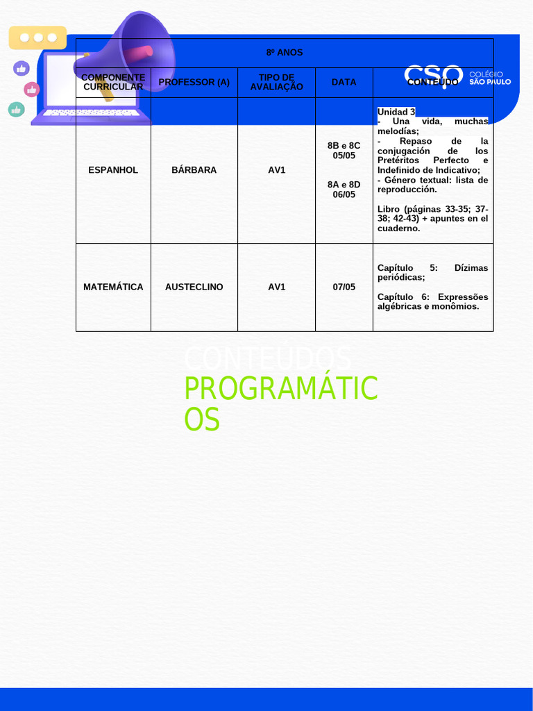 8º Ano - Conteúdos Programáticos | PDF