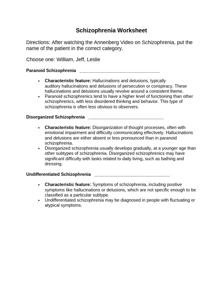 Schizophrenia Worksheet-1-1-3 | PDF