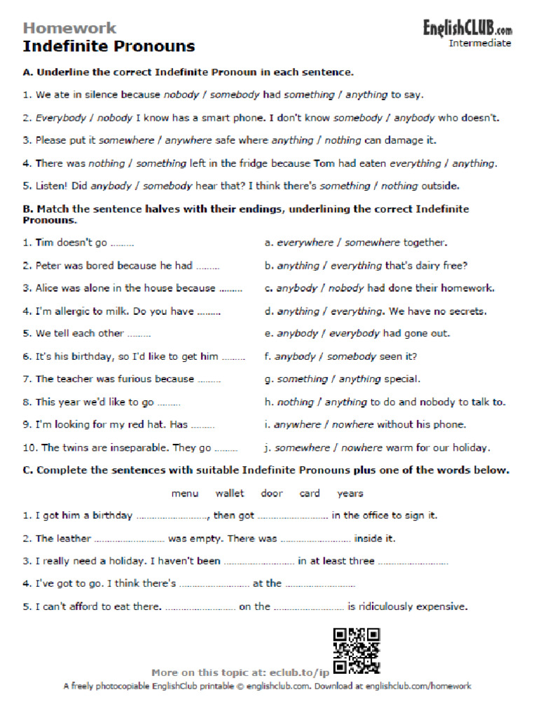 Homework Indefinite Pronouns | PDF