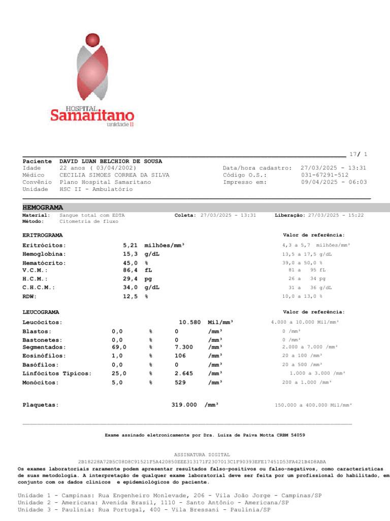 Hemograma Completo de David Luan | PDF | Sangue | Hematologia