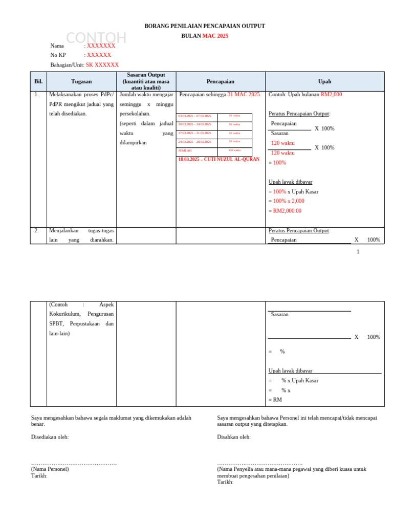 Contoh Pengisian Borang Penilaian Pencapaian Output MySTEP Guru | PDF