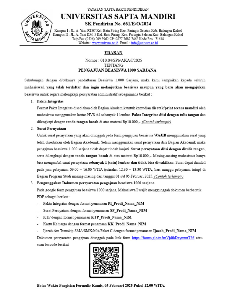 Edaran Pengajuan Beasiswa Seribu Sarjana 2025 | PDF
