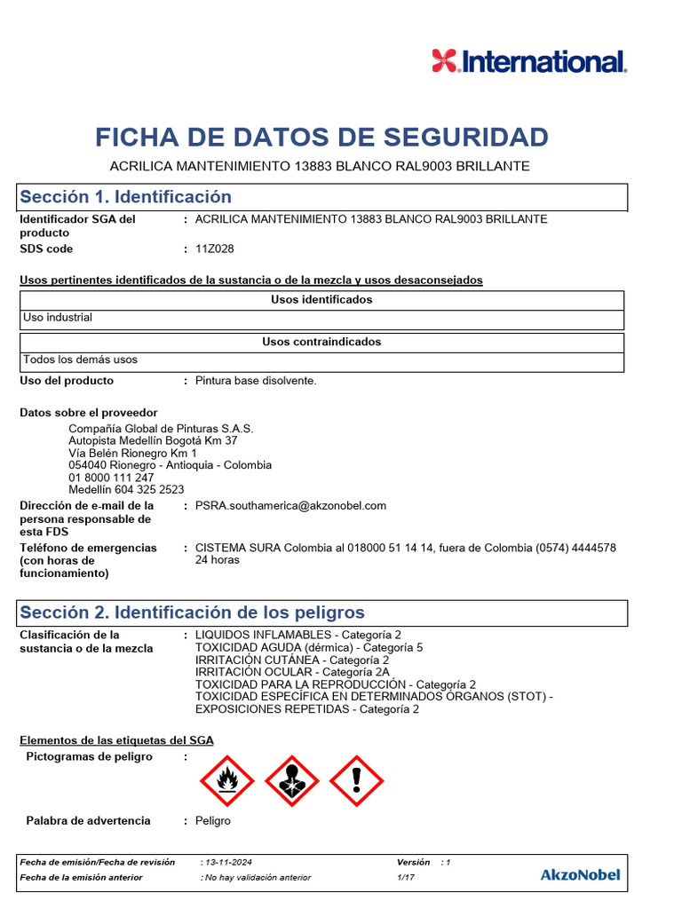 Ficha de Seguridad Acrílica 13883 RAL9003 | PDF | Agua | Ventilación ...