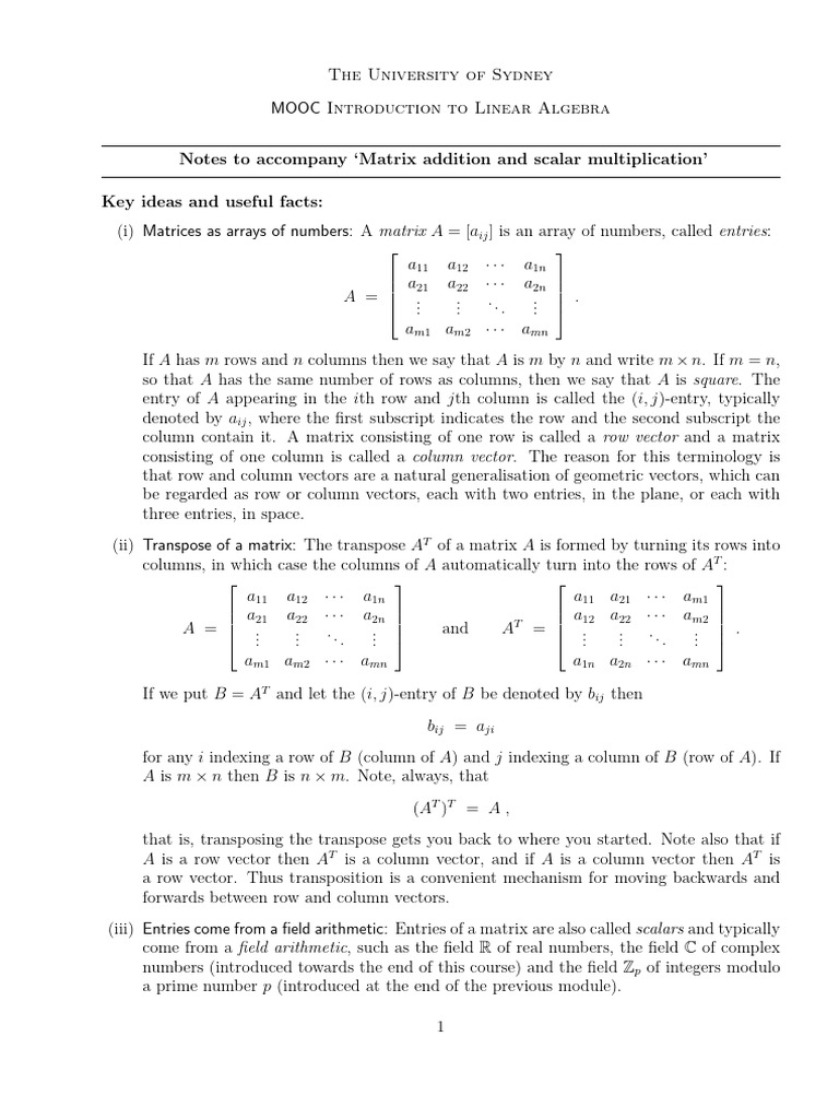 M3V1Notes Matrix Addition and Scalar Multiplication ...