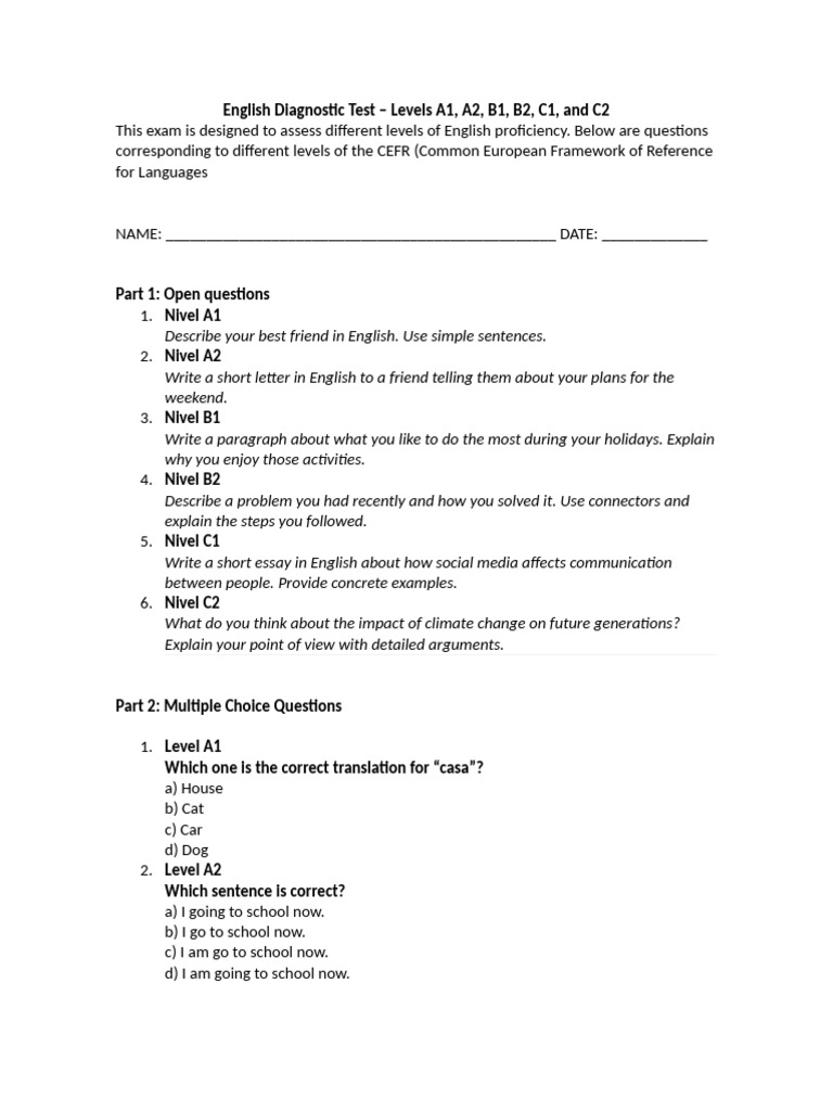 English Diagnostic Test | PDF | Linguistics