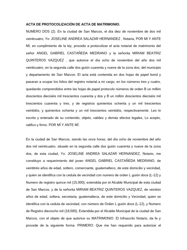 Acta de Protocolizacion de Acta de Matrimonio | PDF | Matrimonio