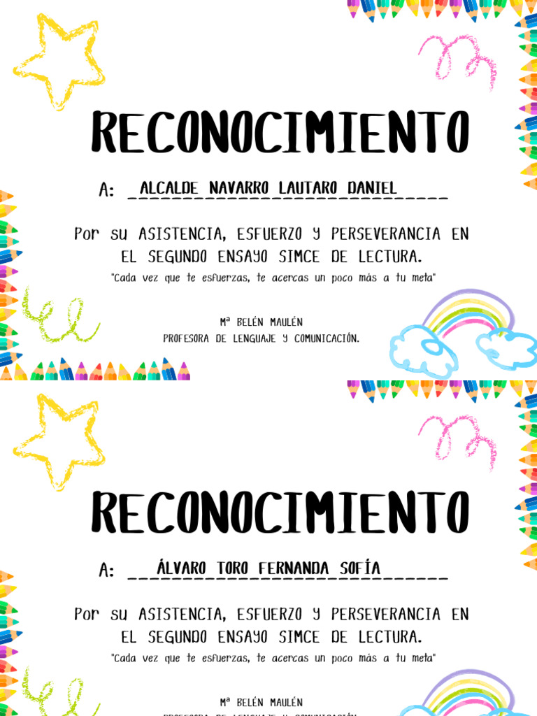 Certificado de Reconocimiento Primer Trimestre Sencillo Colorido | PDF