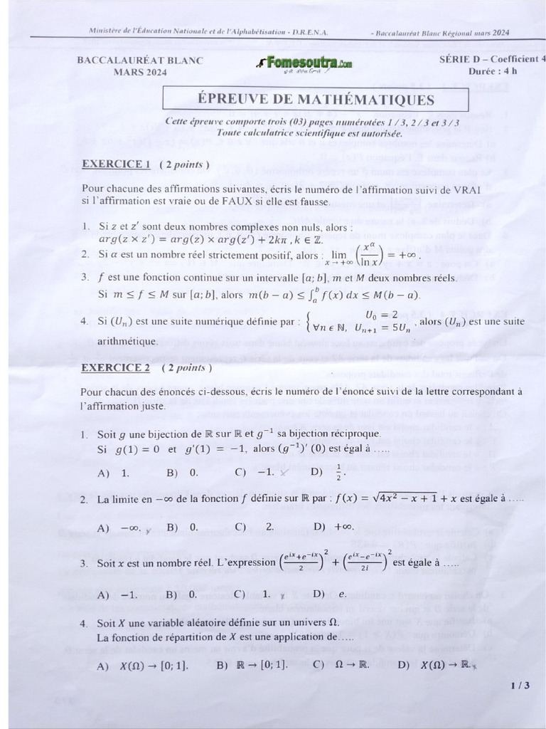 Bac Blanc 2024 Maths Serie D Dren Abidjan 4 | PDF