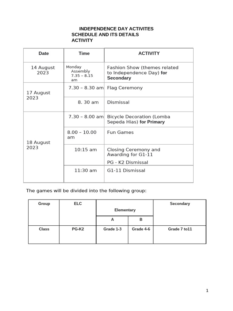 Independence Day Activities Schedule | PDF | Dress Codes | Fashion