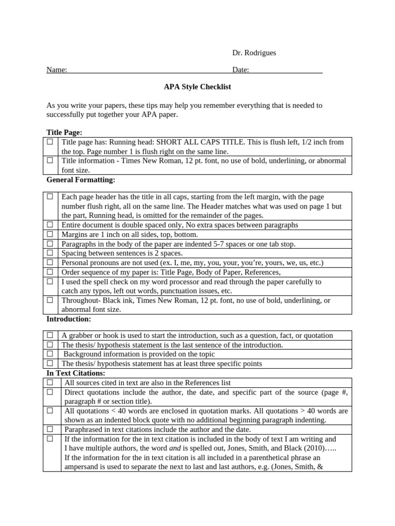 APA Style Checklist | PDF | Citation | Paragraph