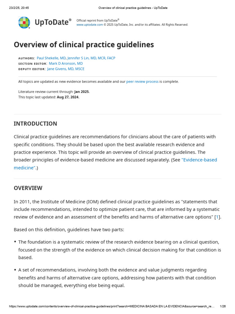 Overview of Clinical Practice Guidelines - UpToDate | PDF | Evidence ...