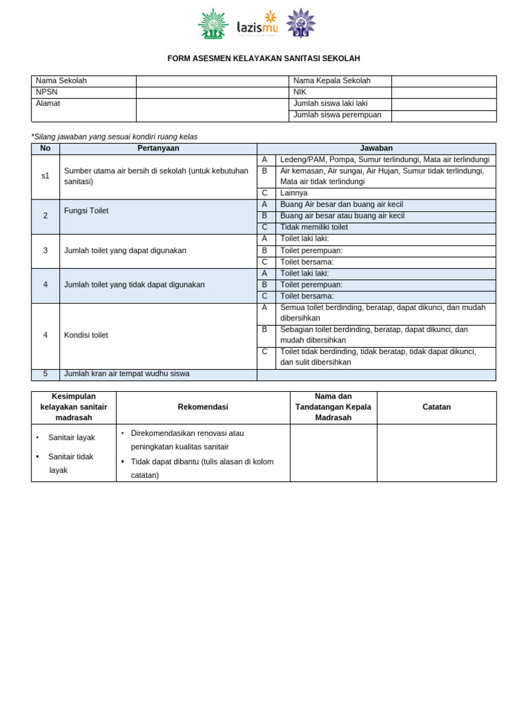 Form Asesmen Kelayakan Sanitasi | PDF