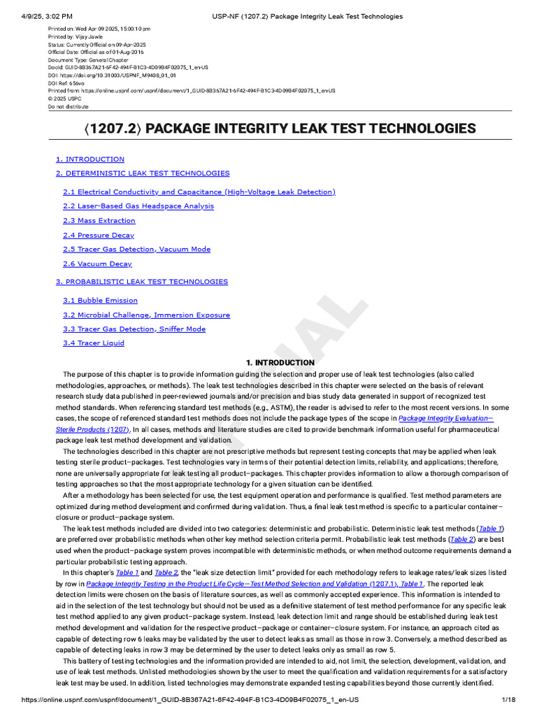 USP Leak Test Technologies | PDF | Leak | Infrared