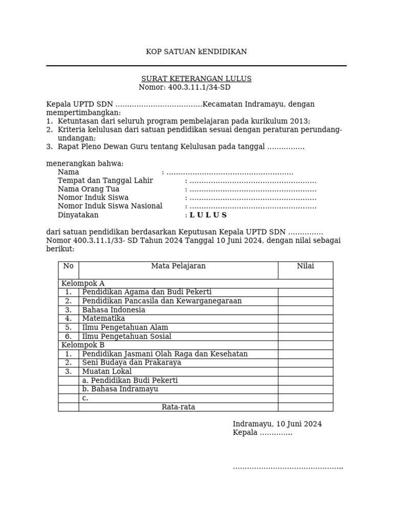 Surat Keterangan Lulus SD 2024 | PDF