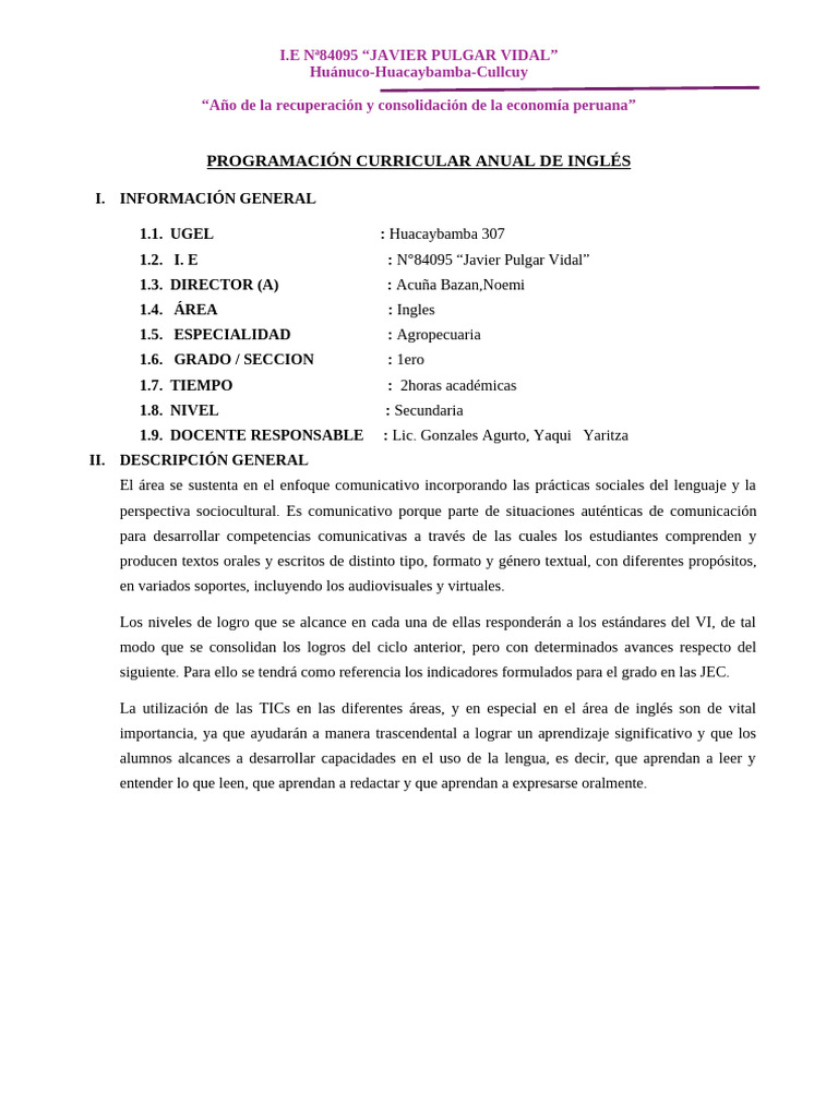 1ro Programacion Anual de Ingles | PDF | Enseñando | Léxico