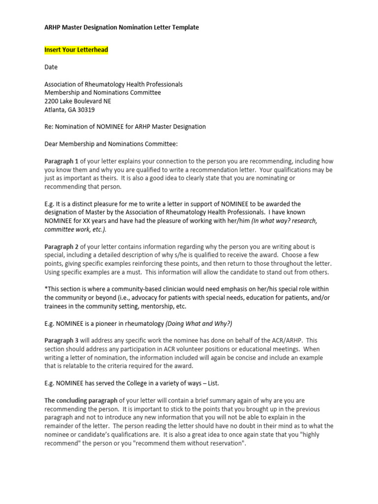 Master Designation Nomination Letter Template | PDF | Physical Therapy ...
