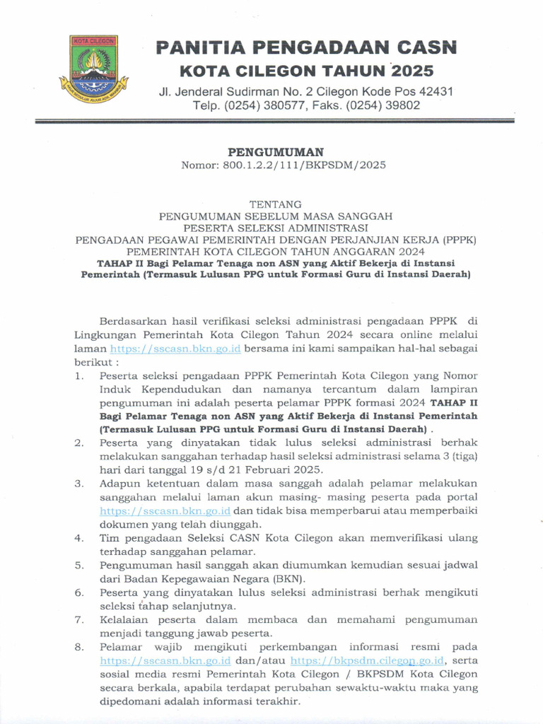 Pengumuman Pra Sanggah Seleksi Administrasi PPPK 2024 Tahap2 Kota Cilegon | PDF