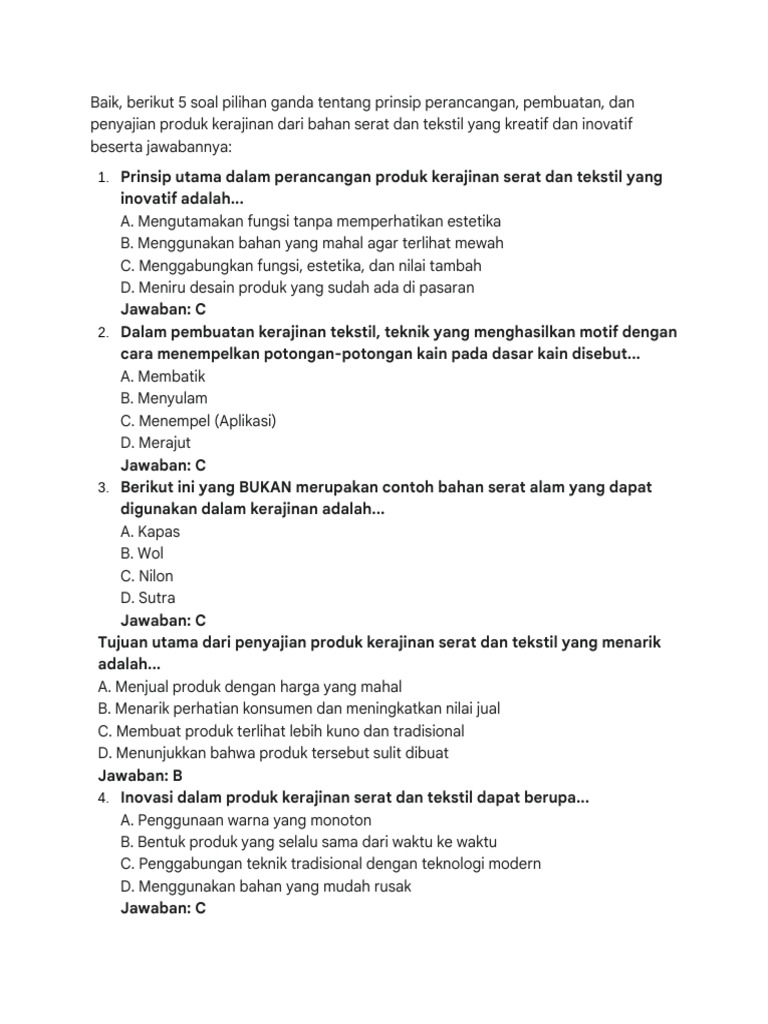 buatlah soal pilihan ganda 5 lima nomor tentang p... | PDF