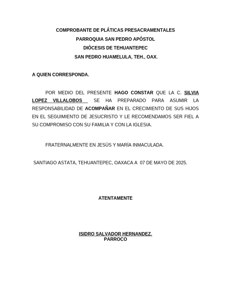 Comprobante de Pláticas Presacramentales | PDF